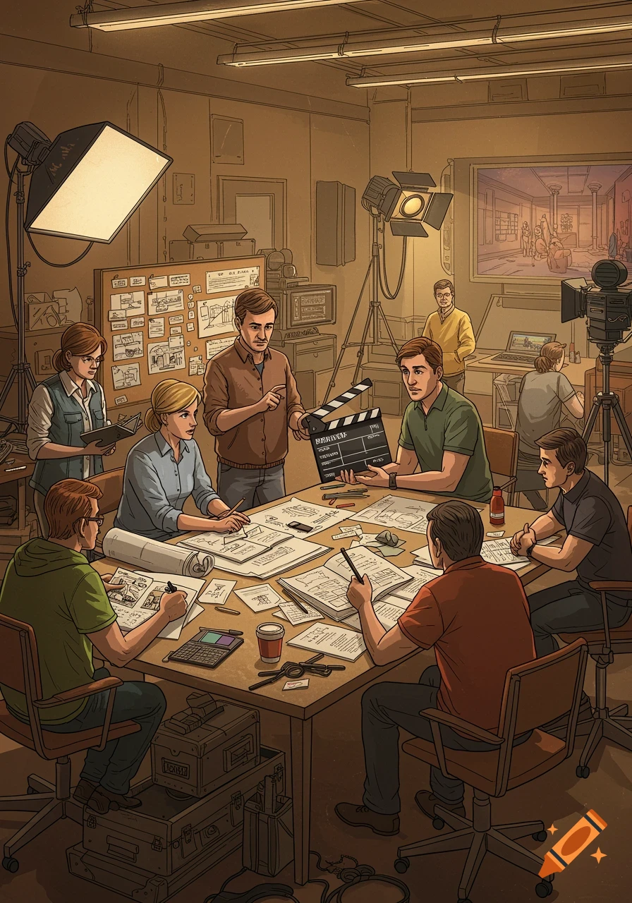 An illustrated scene of a film pre-production meeting with a group of ...