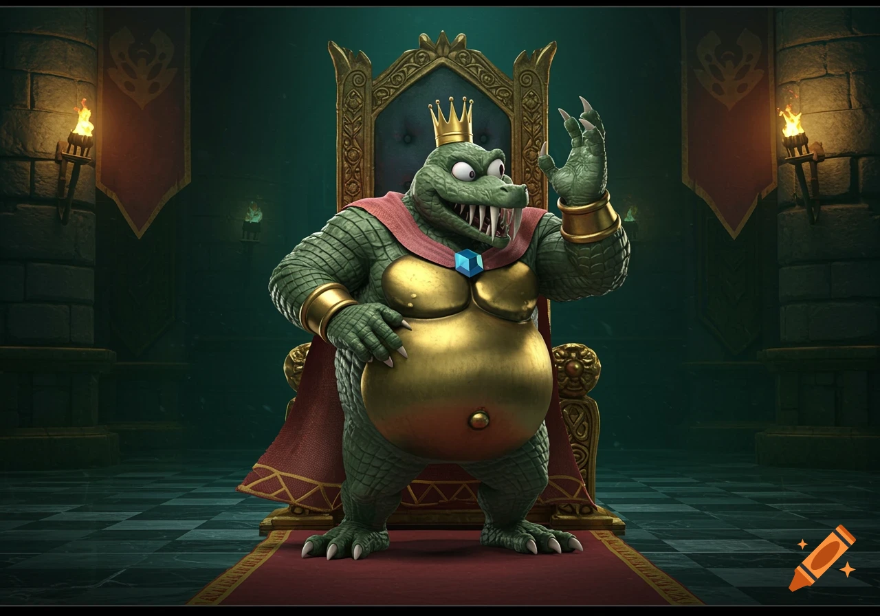 Photorealistic King K. Rool, a green crocodile king with a gold crown ...