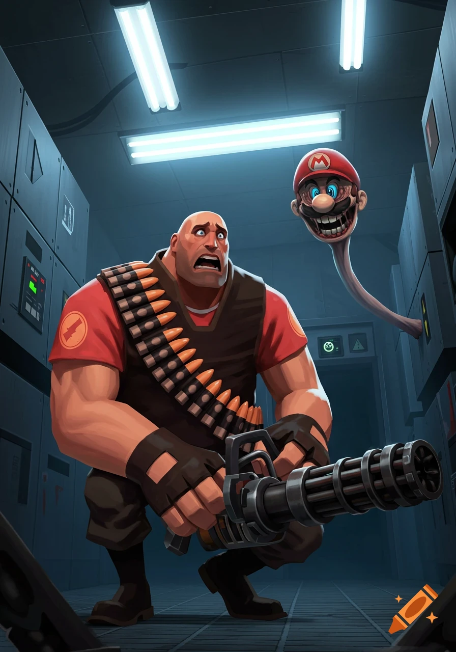 Heavy from Team Fortress 2, holding a minigun, confronts Jason Voorhees ...