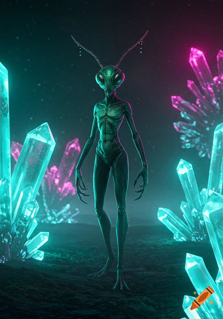A green insectoid alien humanoid stands among glowing teal and magenta ...