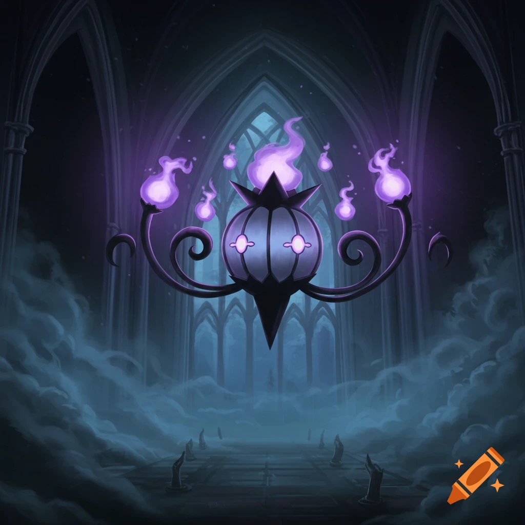 Chandelure, a purple ghost-type Pokemon, floats in a dark, gothic ...