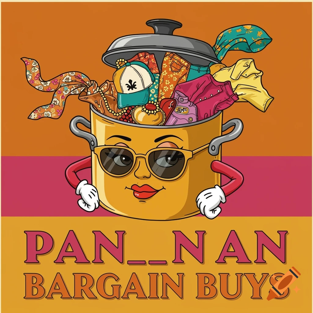 Retro illustration of a yellow saucepan character with sunglasses, spilling clothes and jewelry ...