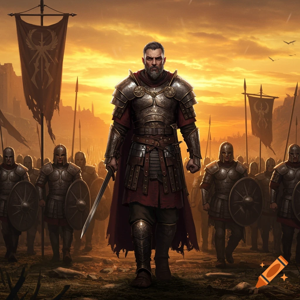 A determined warrior in ornate armor stands before his army at sunset ...