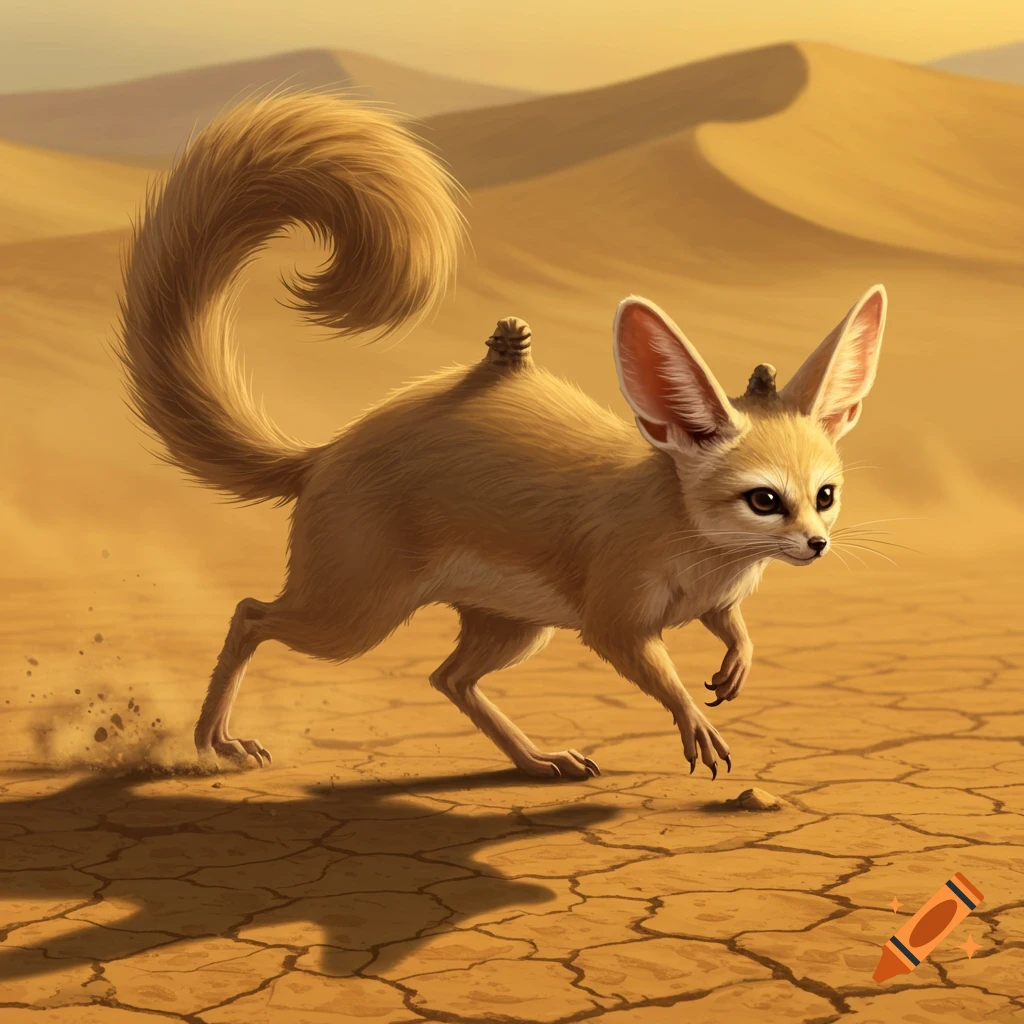 An illustrated fennec fox wearing sunglasses runs through a sunny ...