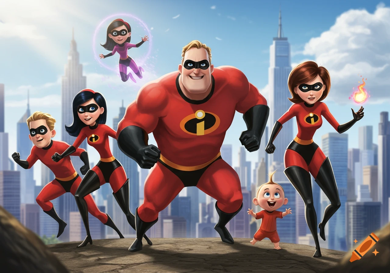 The Incredibles family, in their red superhero suits, stand heroically against a sunset city ...