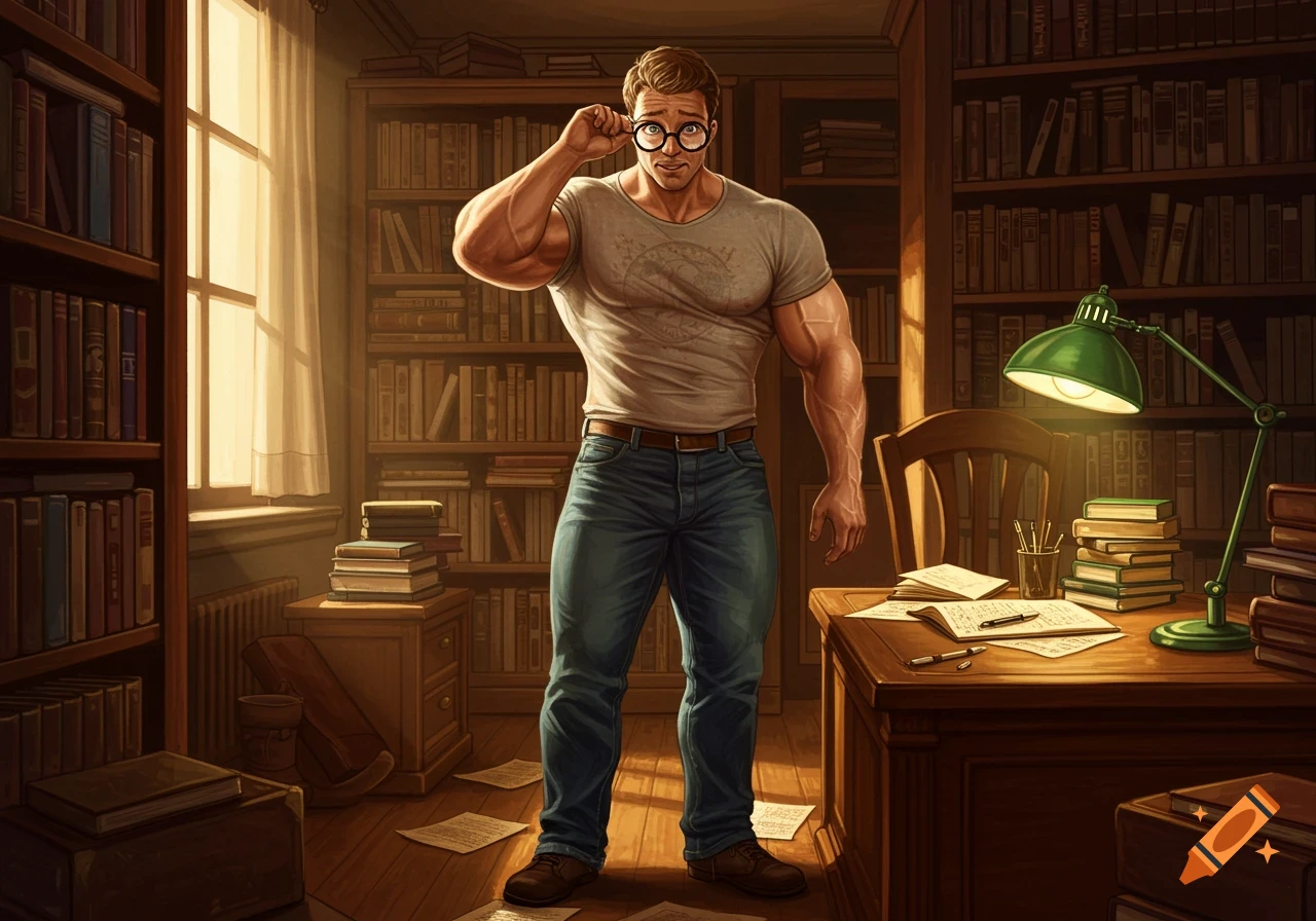 Illustrated man in a dark suit and glasses reading a book in a sunlit ...