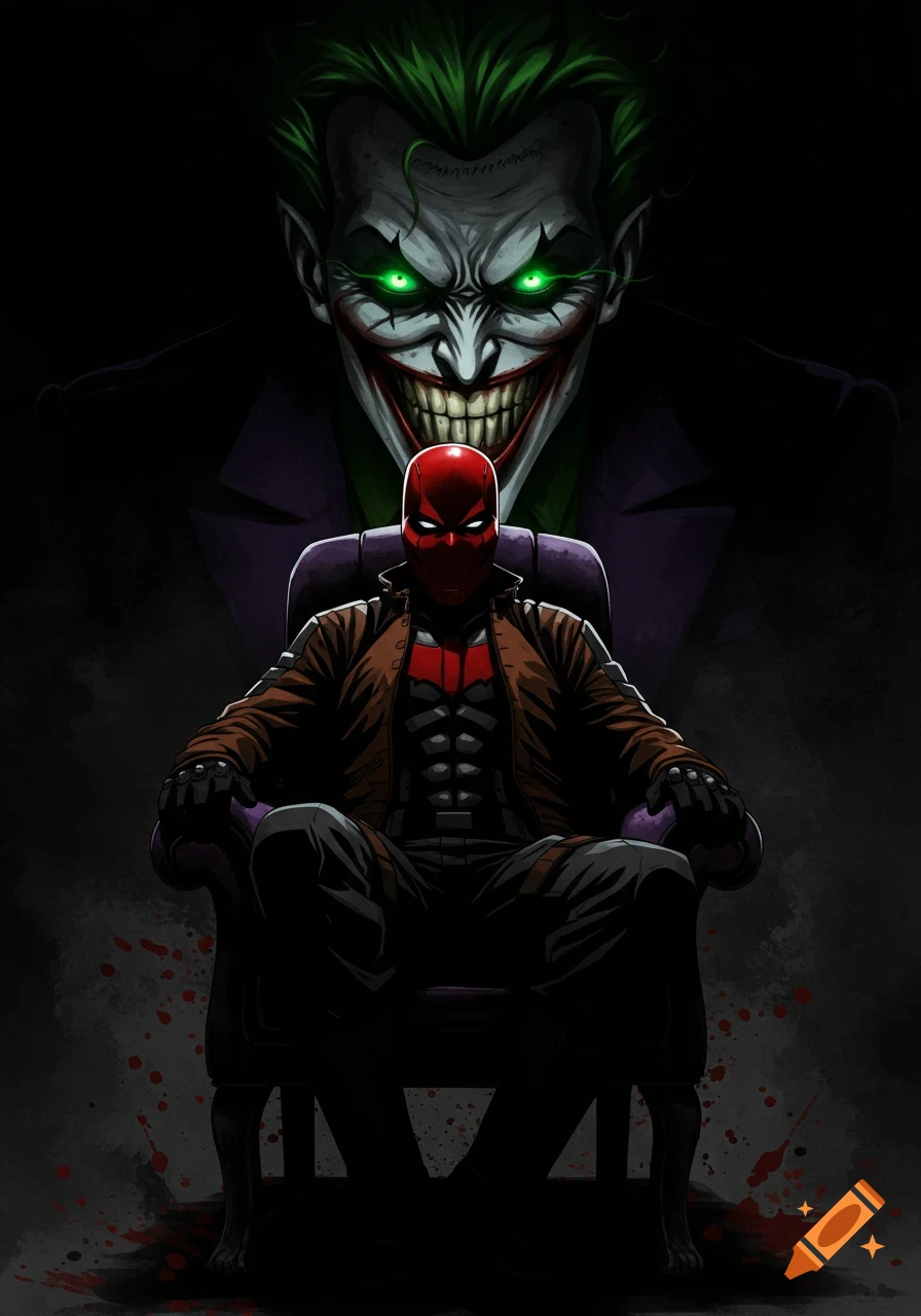 Dark anime illustration of Red Hood sitting in a chair with a large ...