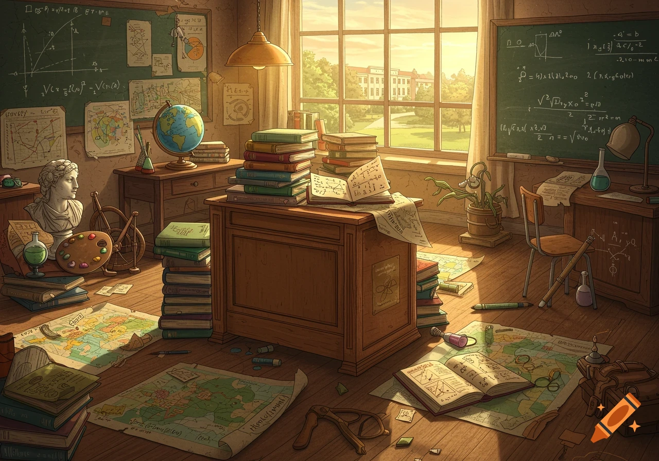 A cluttered academic study room with books, maps, a globe, and ...