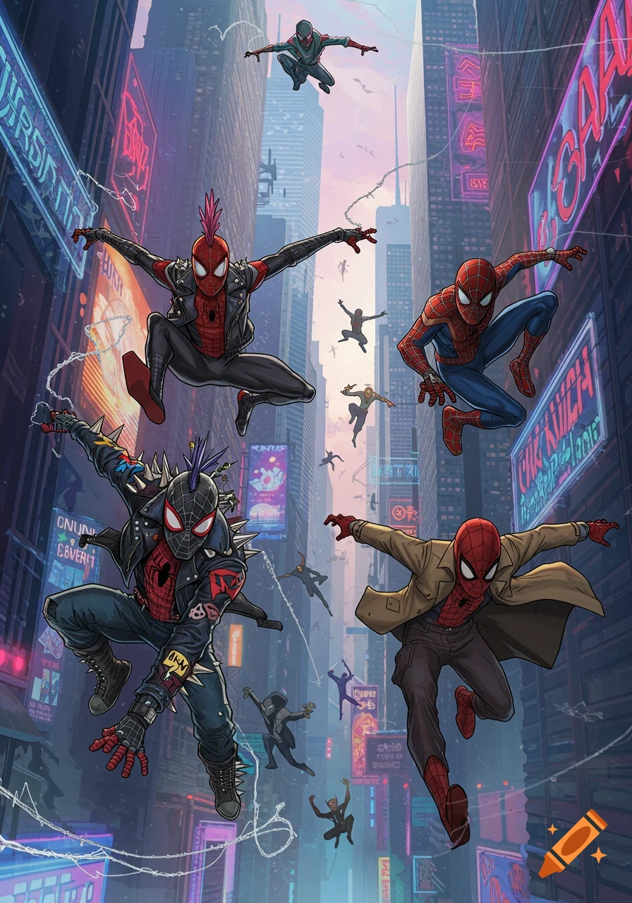 Multiple Spider-Man variants swing through a neon-lit futuristic city ...