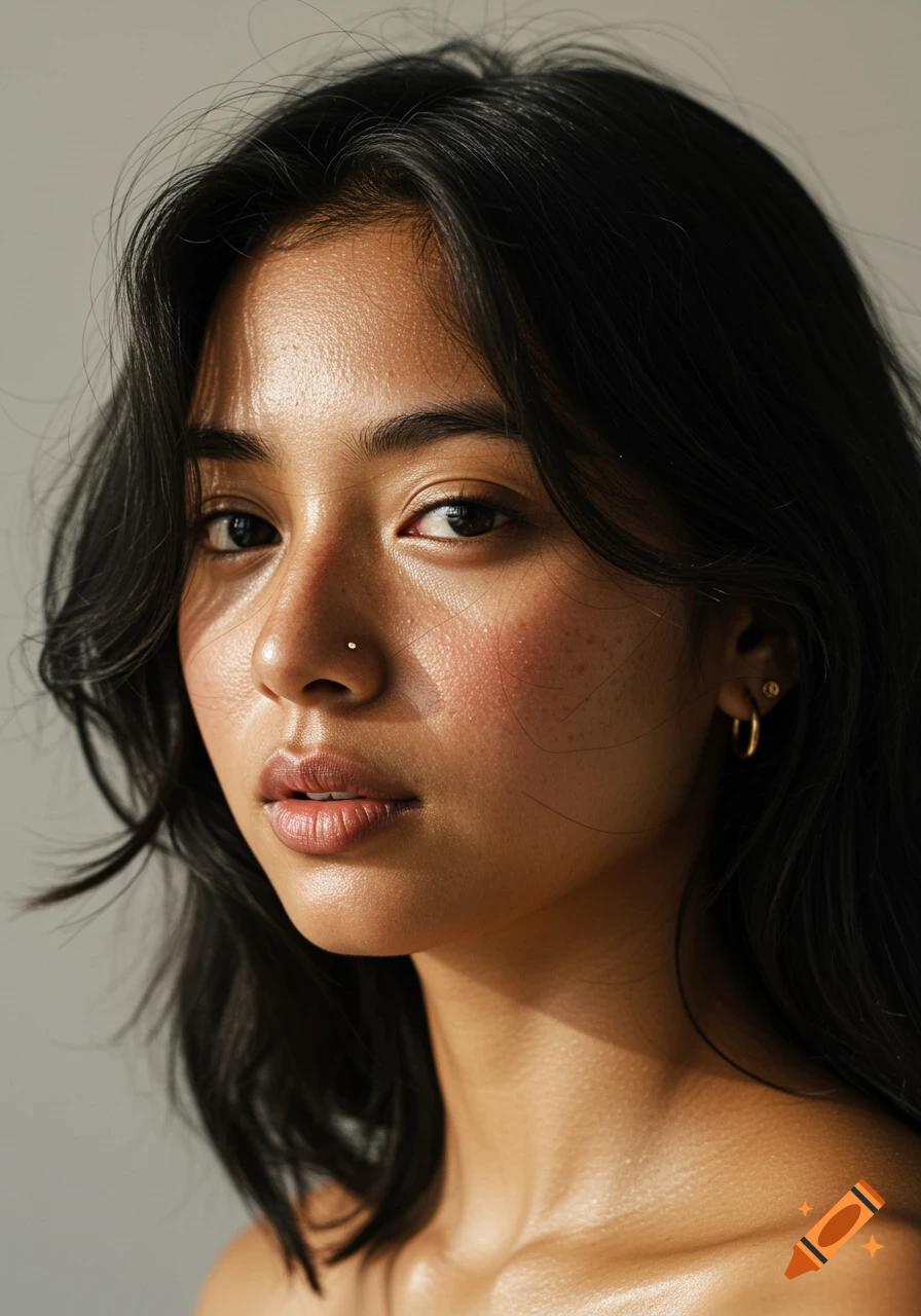 Close-up photorealistic profile of a beautiful woman with glowing skin, lit by natural light. on ...