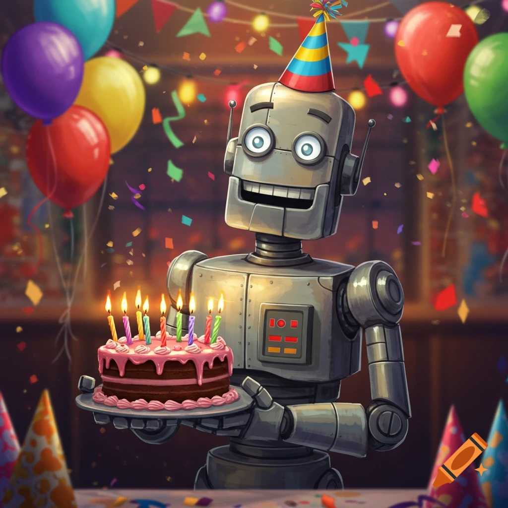 A cheerful robot wearing a party hat holds a birthday cake with lit ...