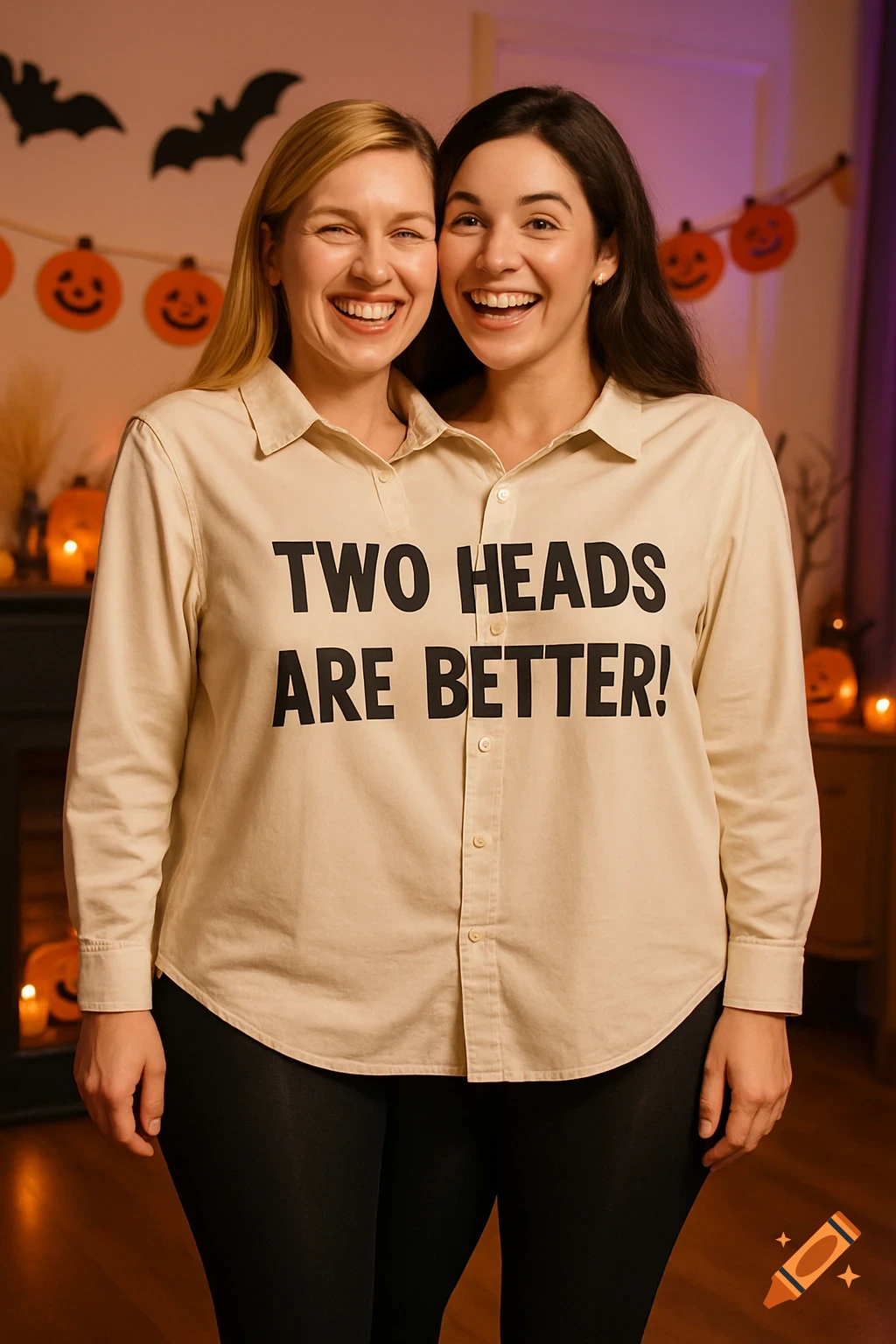 Two smiling women in a conjoined Halloween costume shirt that says 'TWO ...