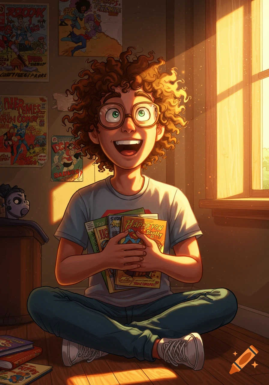 A smiling boy in a blue and red superhero costume with a clock on his ...