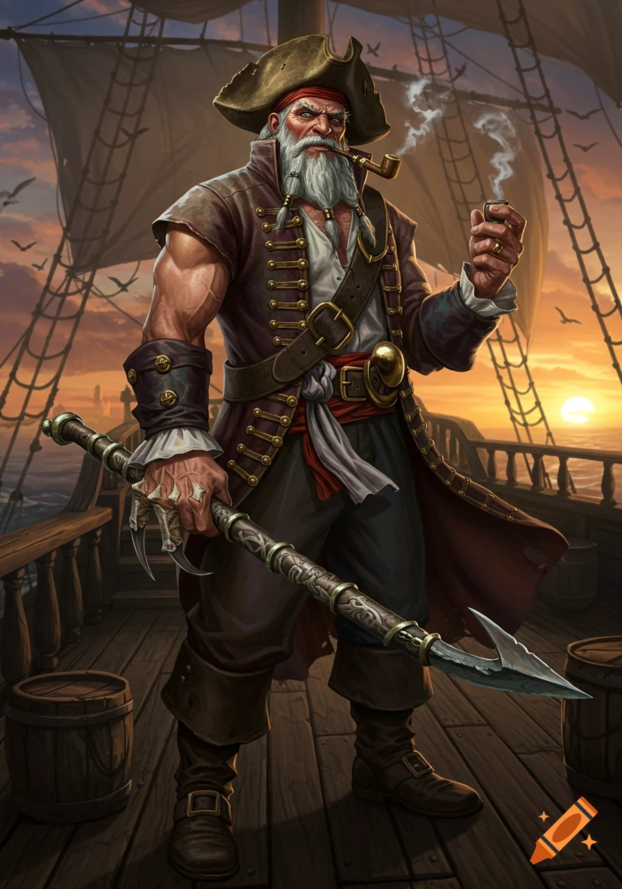 Illustrated skeleton pirate firing a machine gun on a ship deck at ...