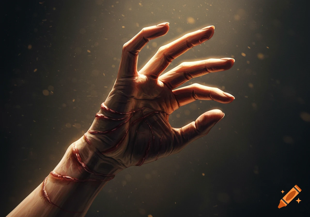 A hand tightly clenching crumpled white paper against a dark, speckled ...