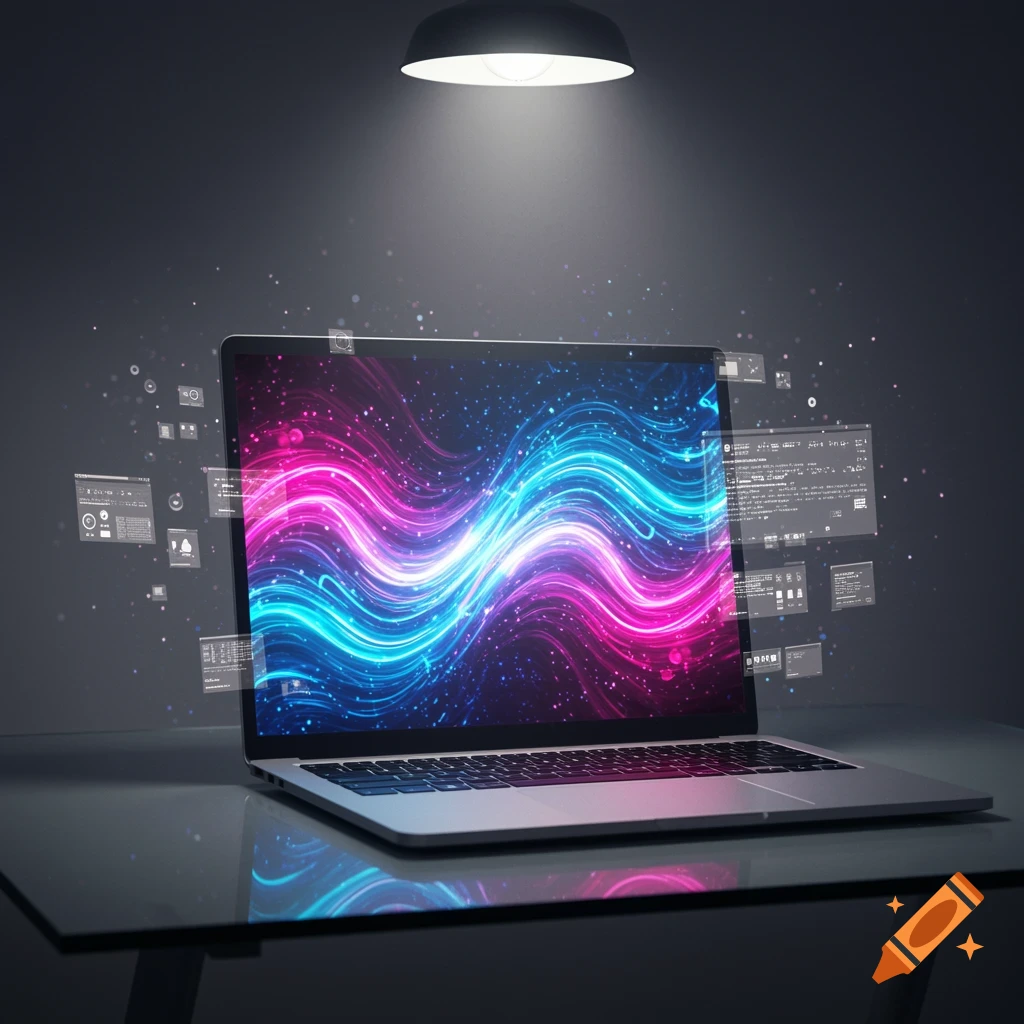 A laptop floating in a swirling orange cosmic vortex with bright blue lightning striking on the ...