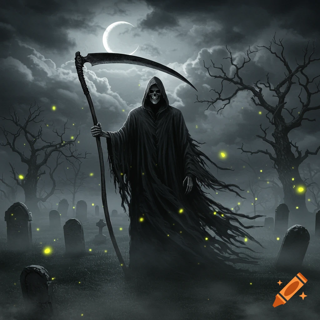 A grim reaper with a scythe stands in a misty graveyard with glowing ...