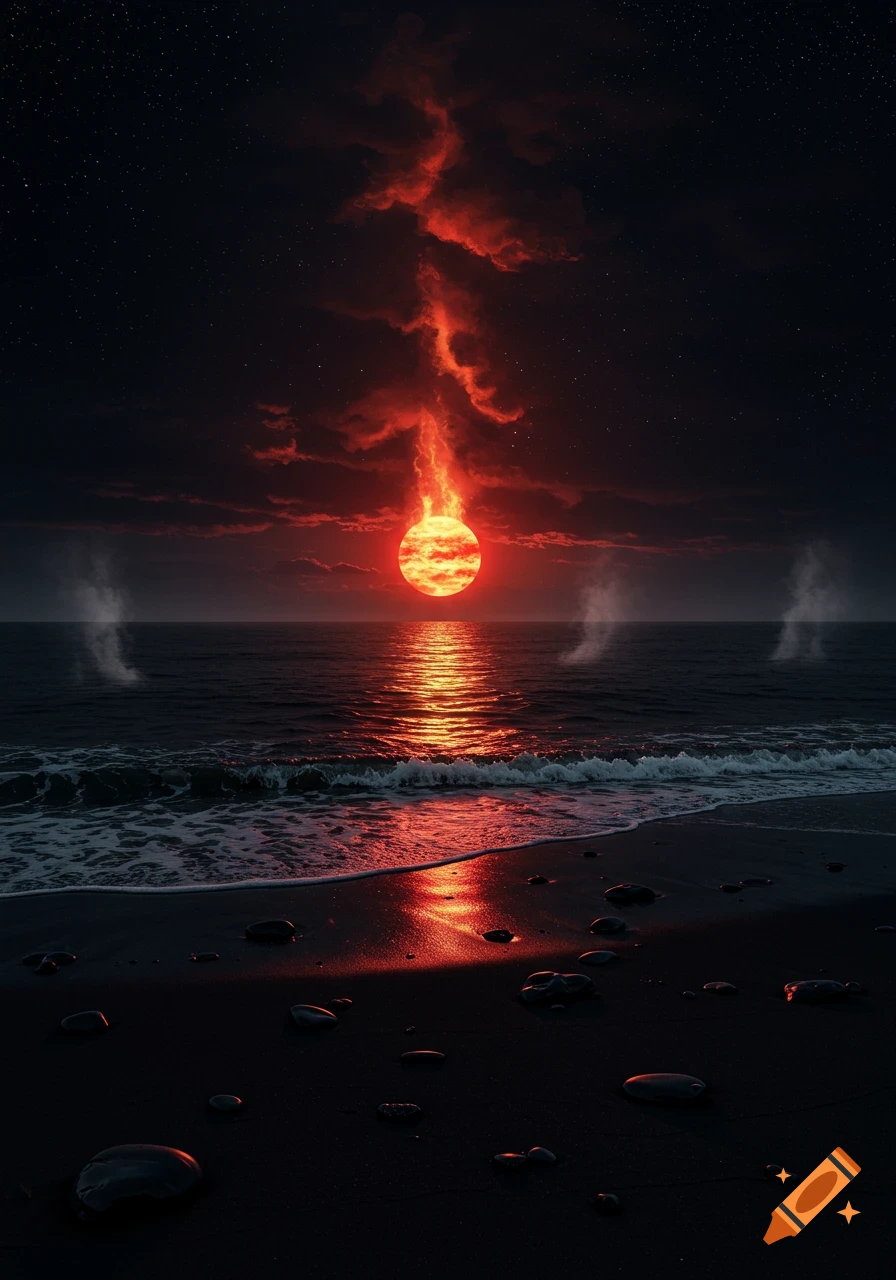 A fiery red and orange sun appears to be collapsing over a dark ocean ...