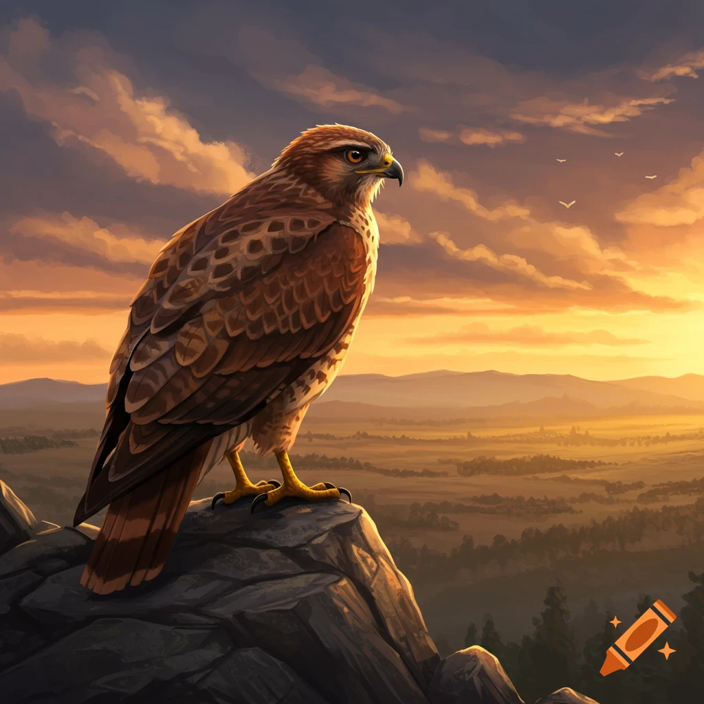 A majestic brown hawk perches on a rock, observing a scenic mountainous ...