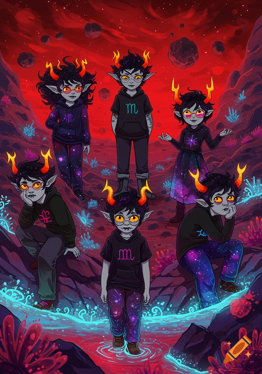 Multiple chibi Homestuck characters with horns, grey skin, and yellow ...