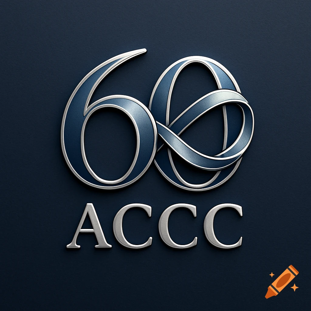 A silver metallic round logo with the letters BCC on a dark blue ...