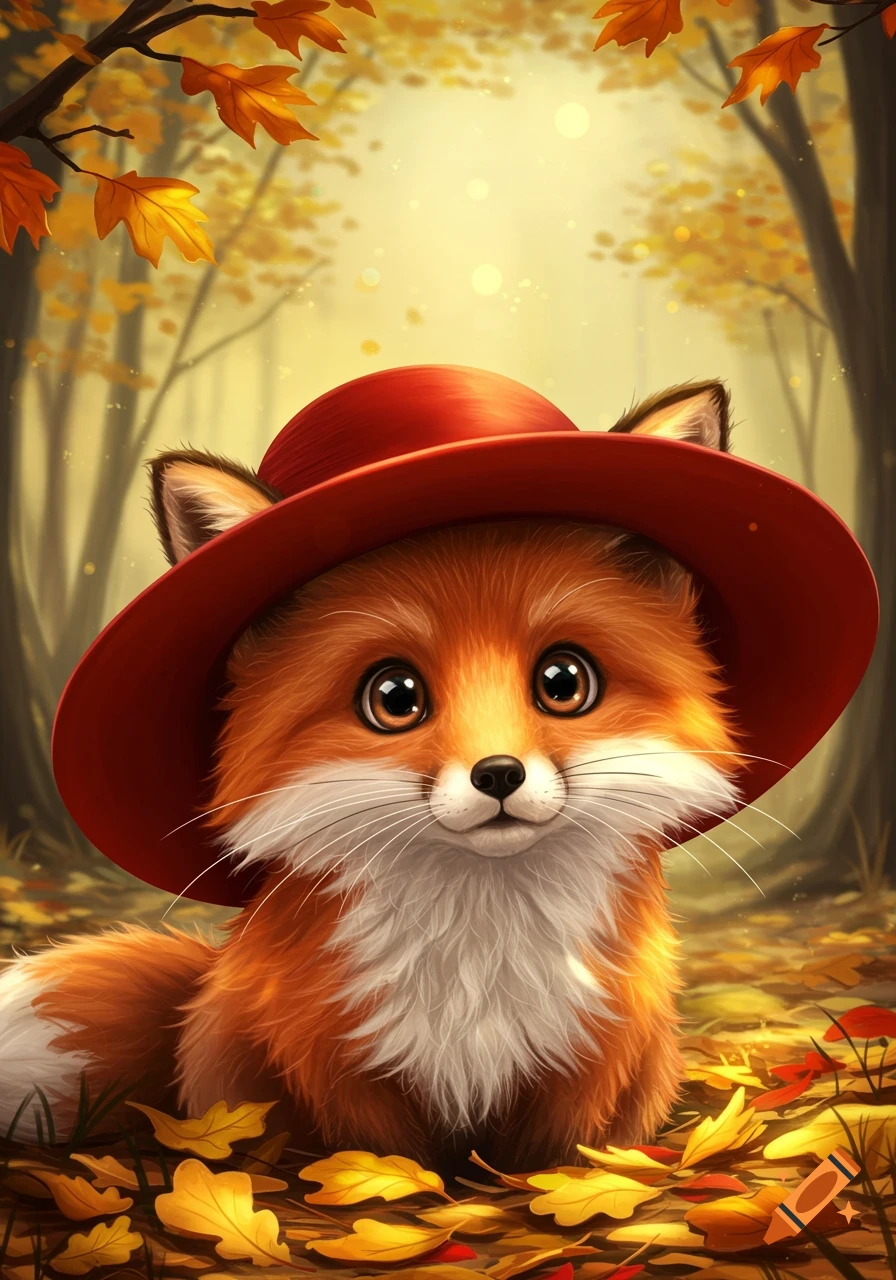 A cute orange fox wearing a red hat sits among fallen autumn leaves in ...