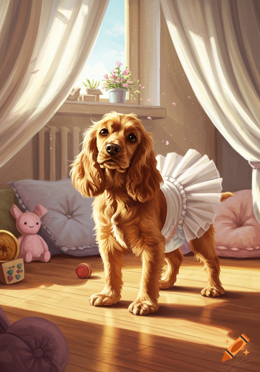 Cocker spaniel on armchair with flowers in Renoir style portrait on Craiyon