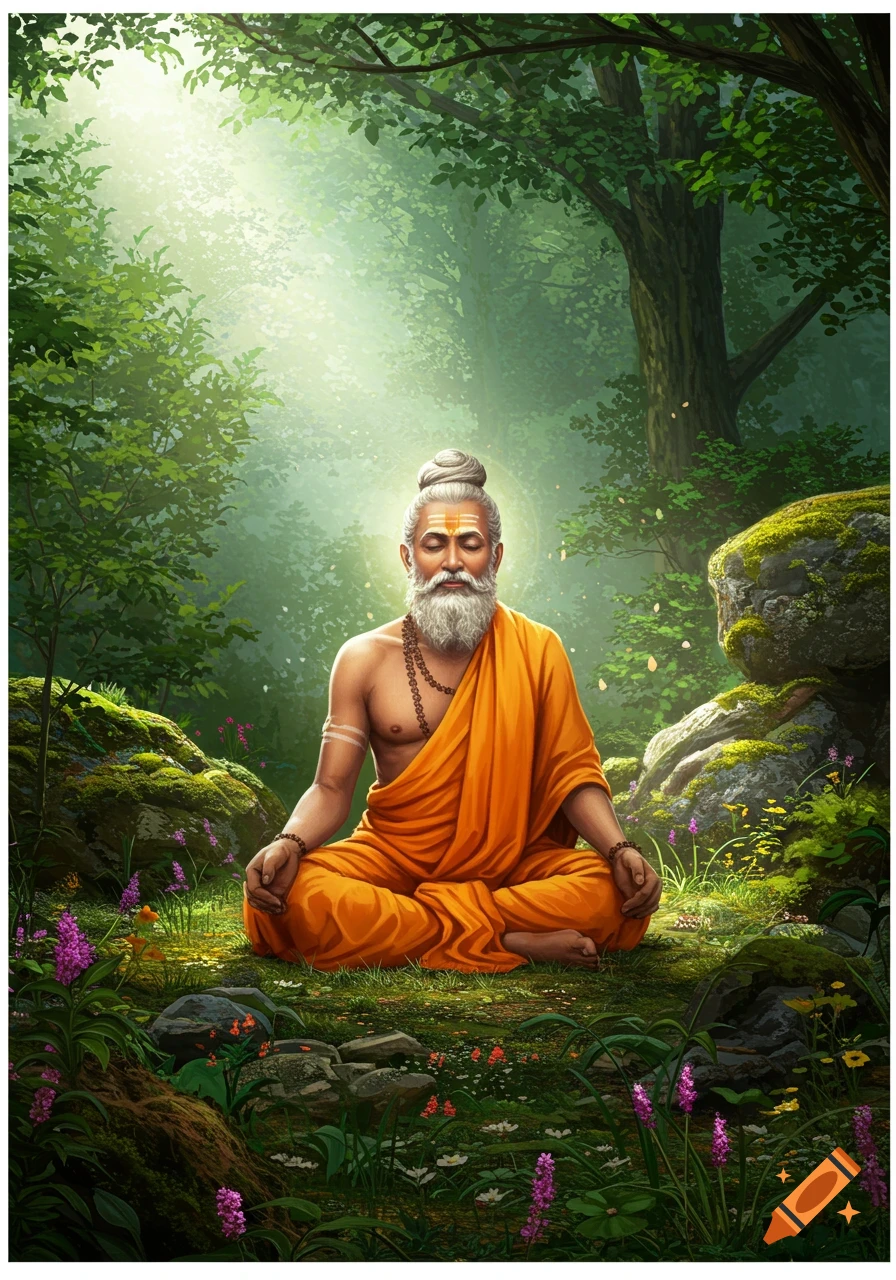 An Indian sage with a white beard and topknot, wearing orange robes ...