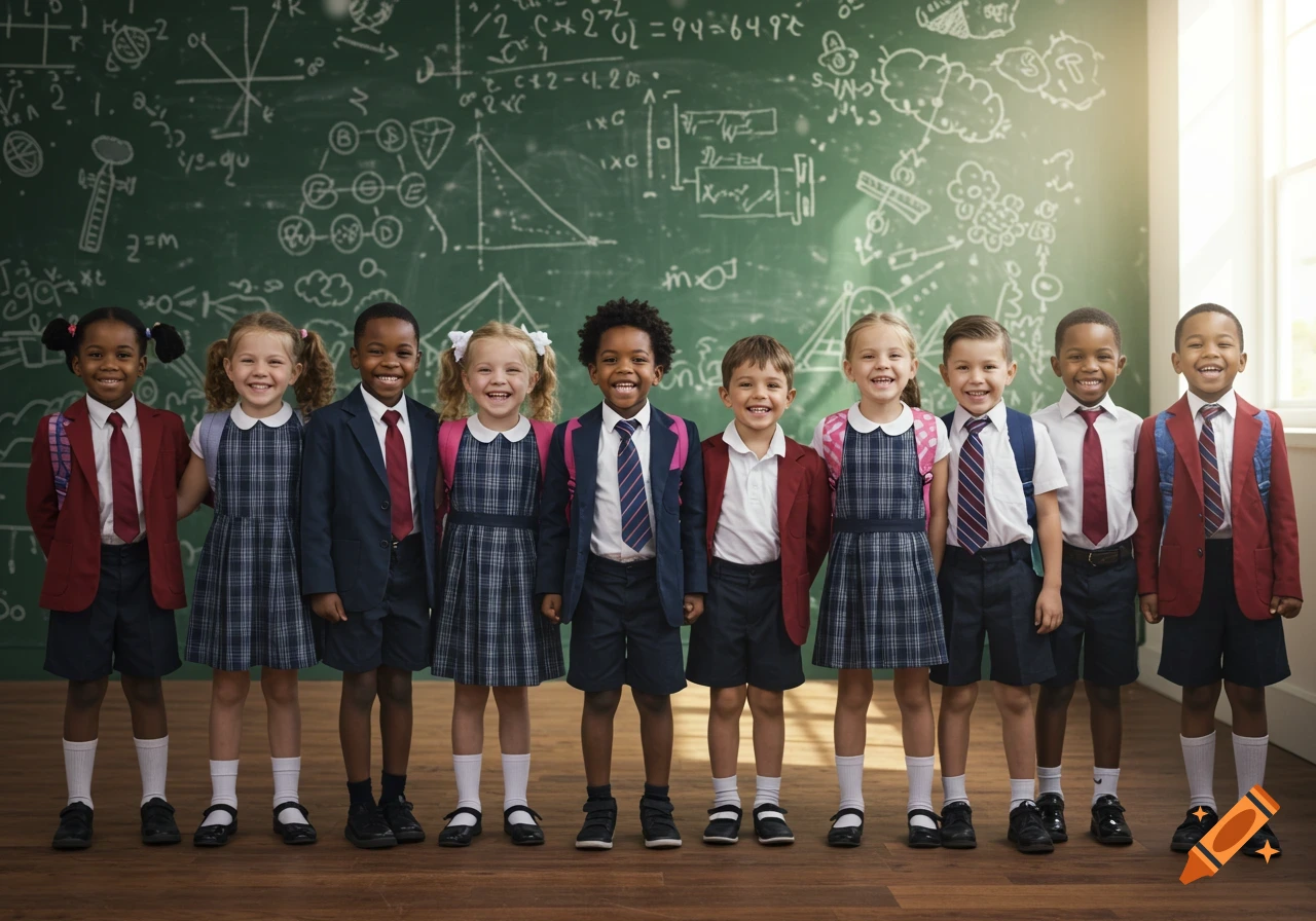 A group of diverse children in school uniforms stand smiling in front ...