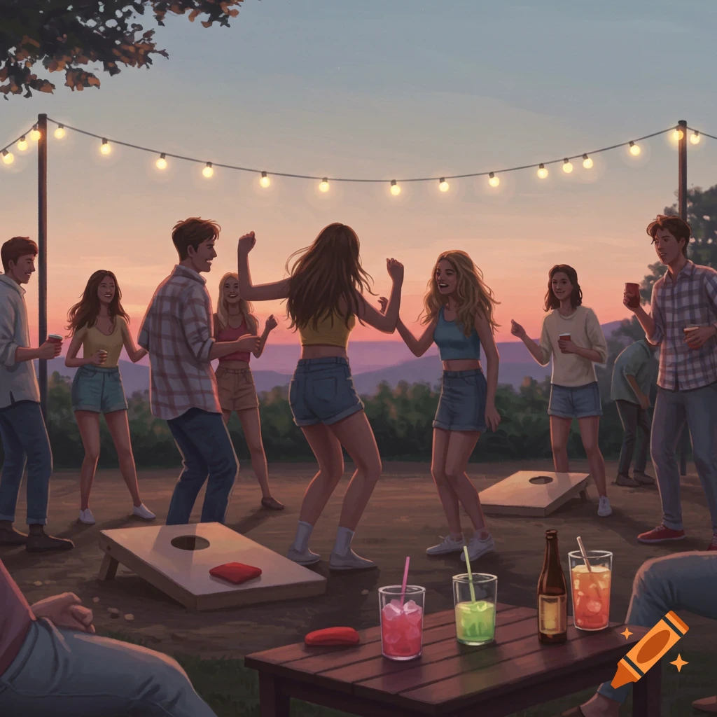 Group of young adults dancing and playing cornhole at an outdoor party ...
