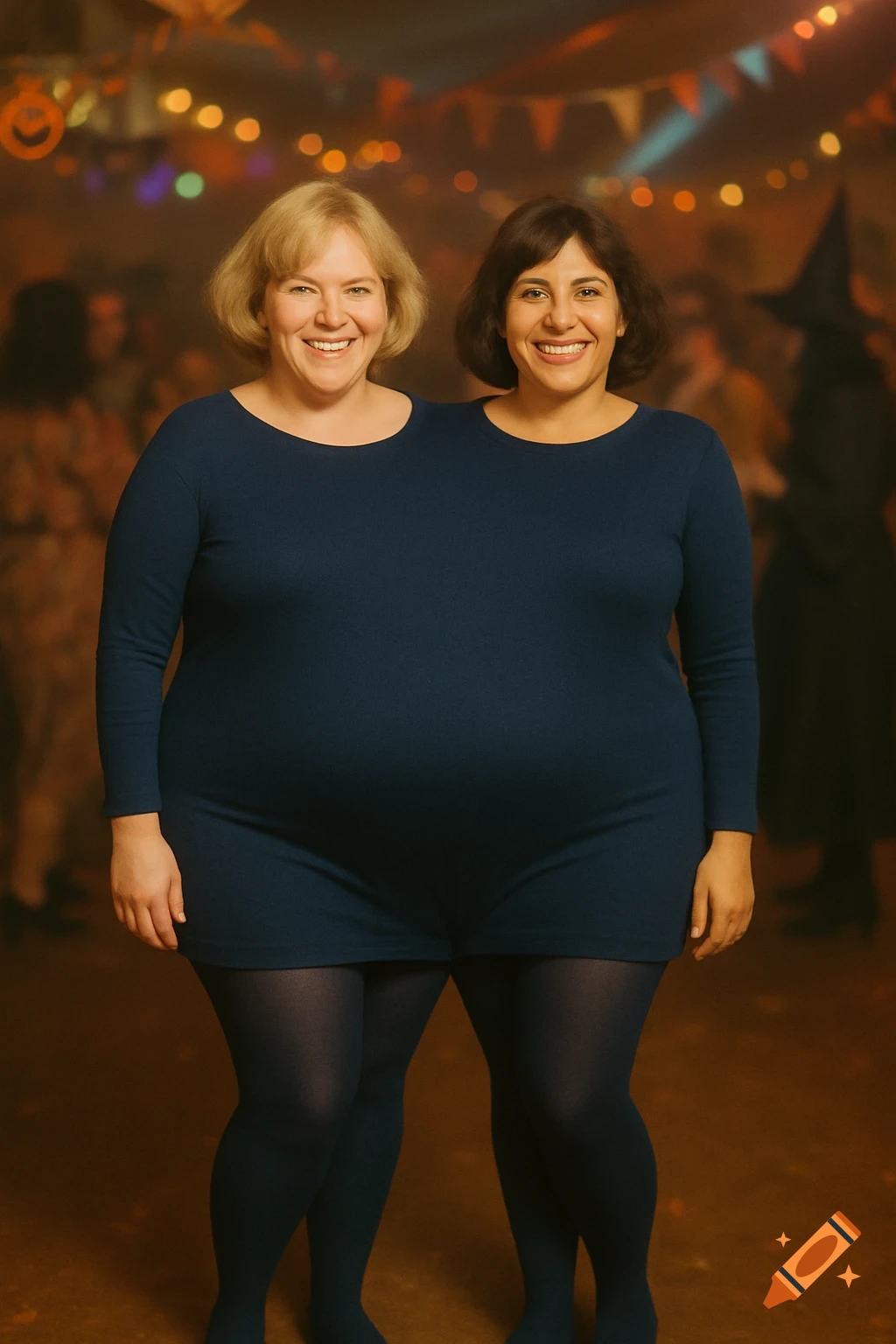 Two smiling women in a green, conjoined bodysuit Halloween costume ...