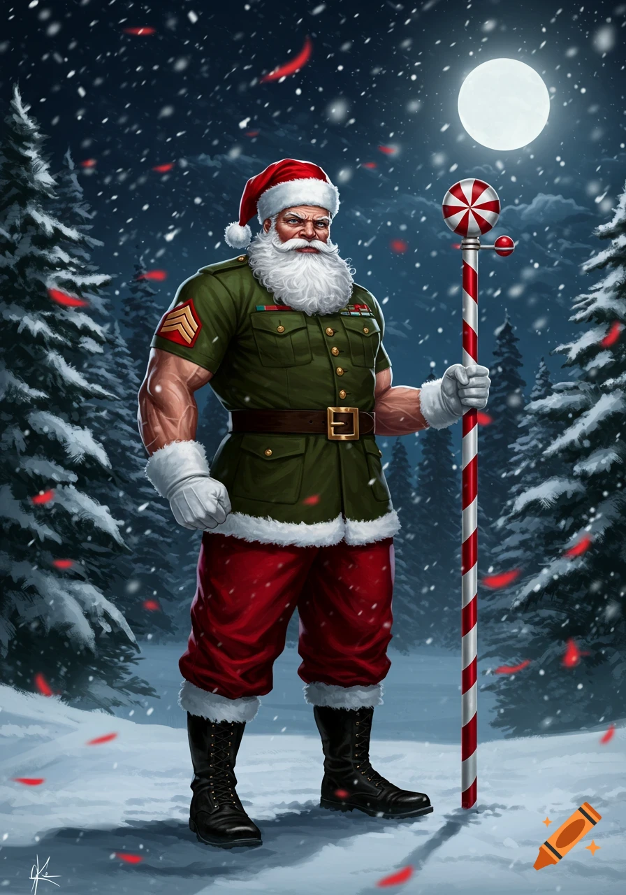 Santa Claus holding a blunderbuss in a snowy forest with a reindeer and ...