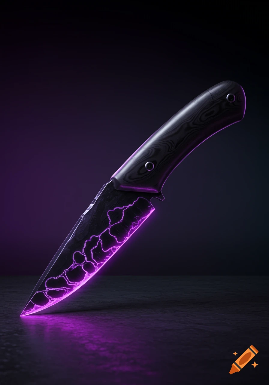 A black knife with glowing purple lightning patterns on its blade ...