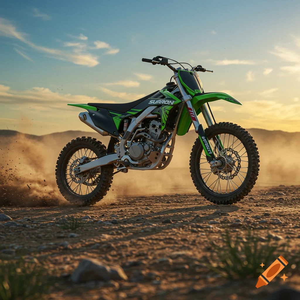Green and black Surron dirt bike on a dusty track at sunset, with dirt ...