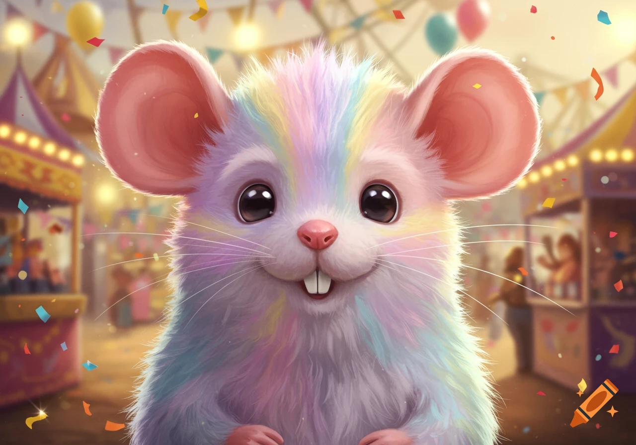 A fluffy, rainbow-colored mouse-like creature with big ears and eyes ...