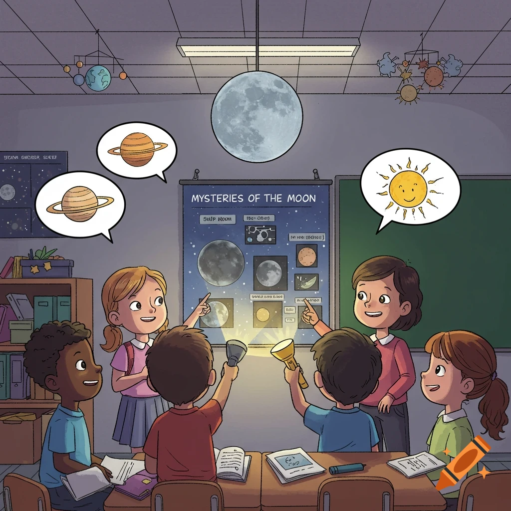 Cartoon illustration of a diverse group of children and a teacher in a ...