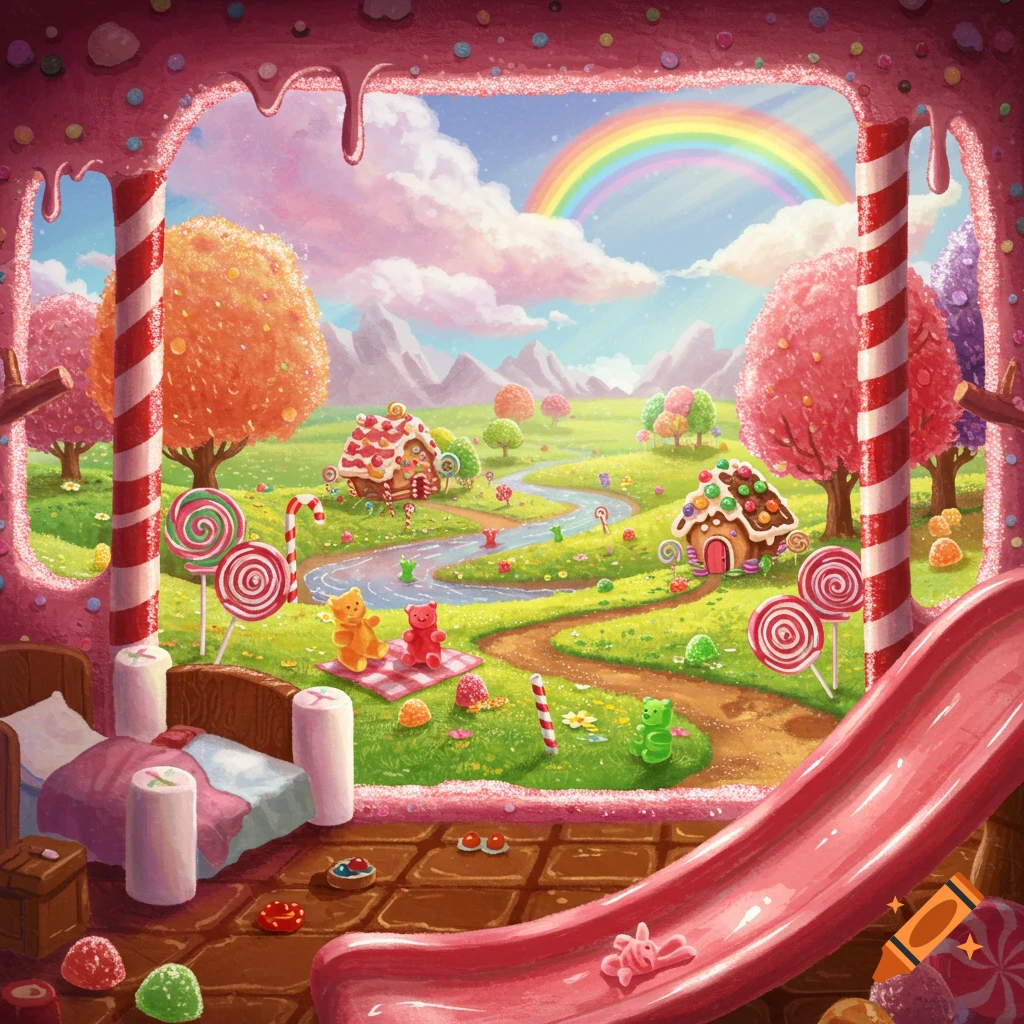 A whimsical, colorful candy land viewed from a candy-themed room with a bed and slide. Features ...