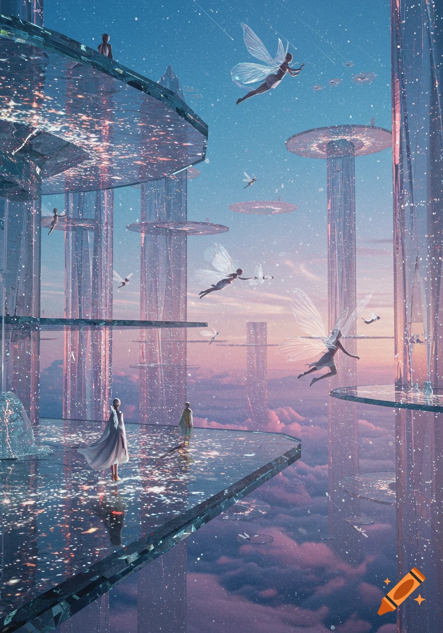 A fantastical city of glowing glass platforms and soaring towers above ...