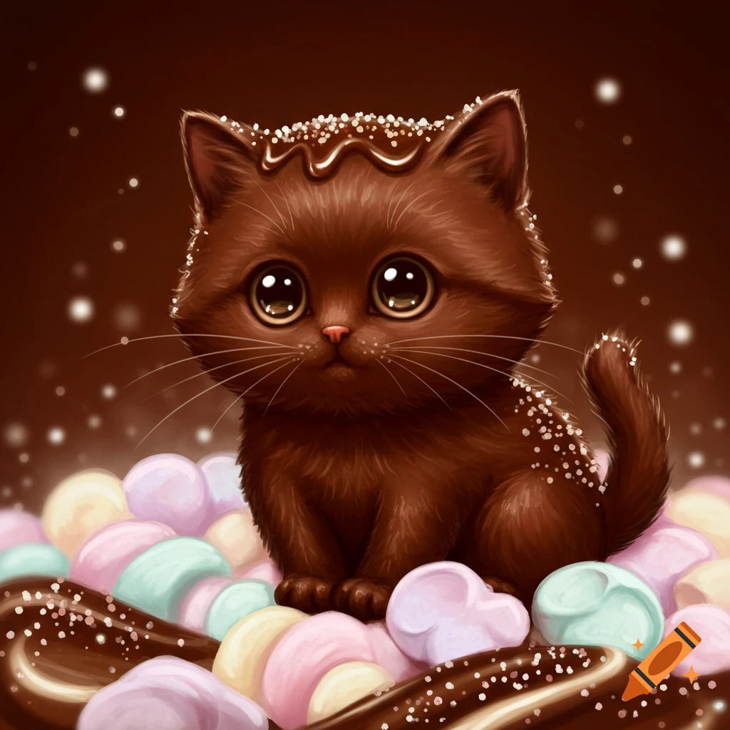 A cute, fluffy chocolate cat with big eyes sits among pastel ...