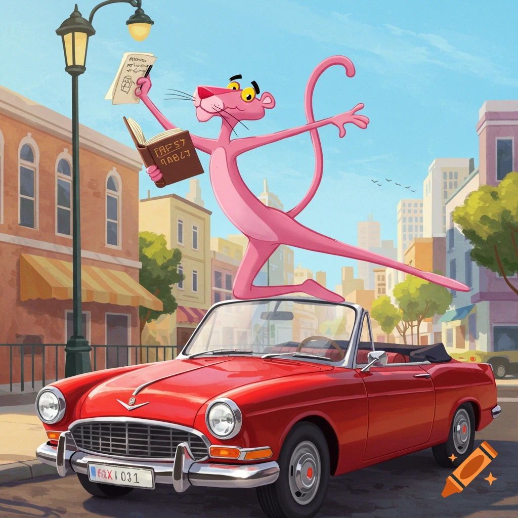 A cartoon Pink Panther does a split on a red convertible car, holding a ...