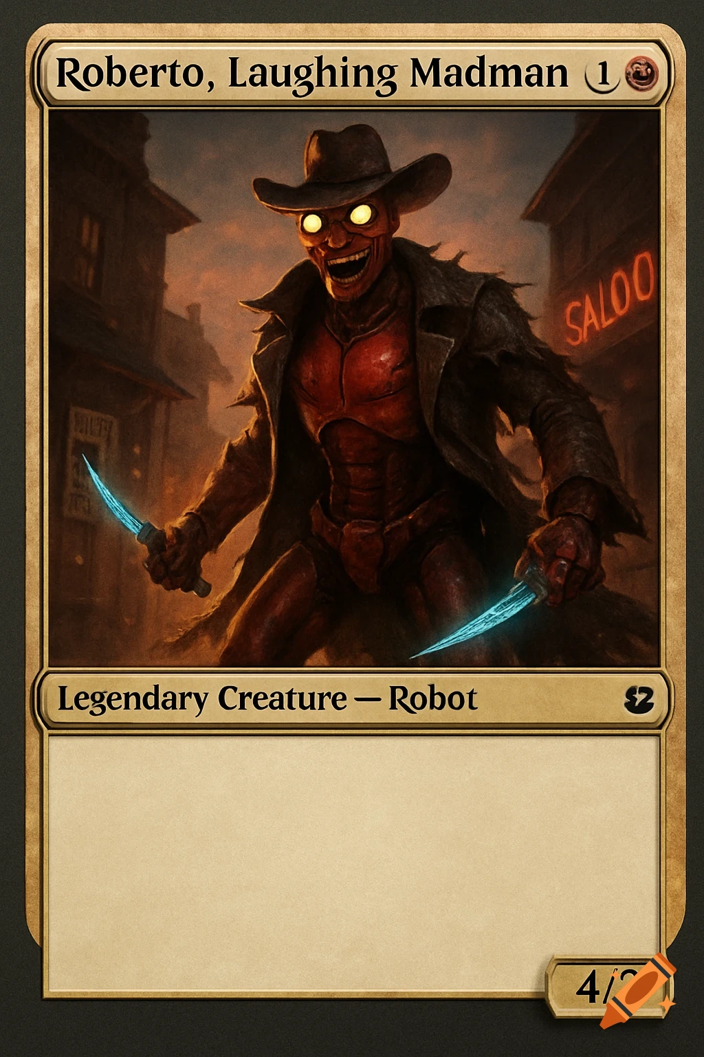 A Magic: The Gathering card featuring a red robot in a cowboy hat and ...