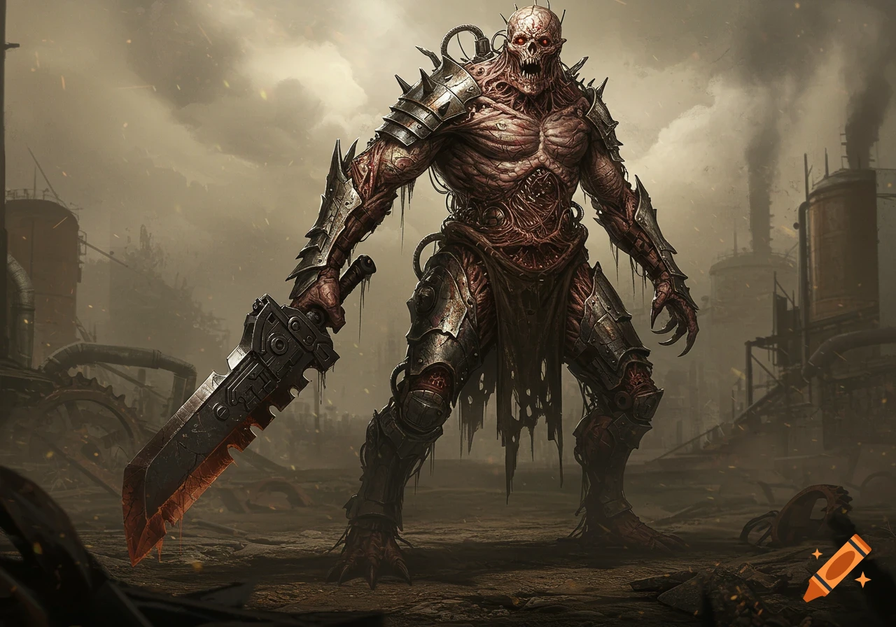 A grotesque, armored creature with exposed flesh stands in a desolate ...