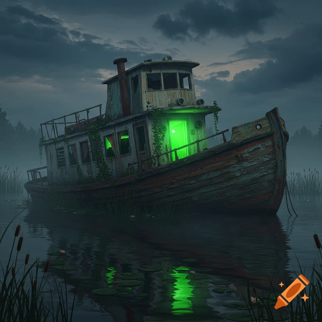 An old, decaying houseboat with glowing green windows and door sits in ...