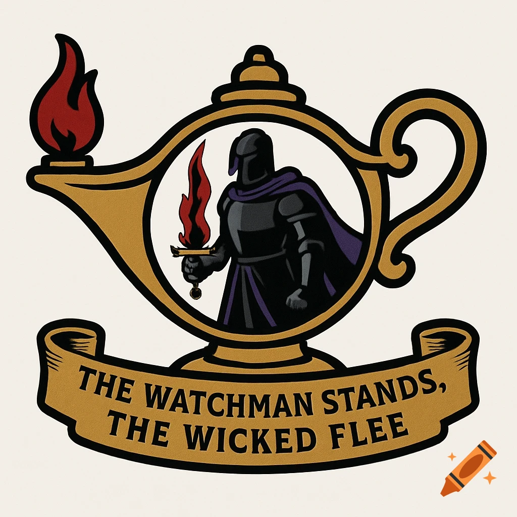 A stylized military insignia features a black-armored knight with a ...