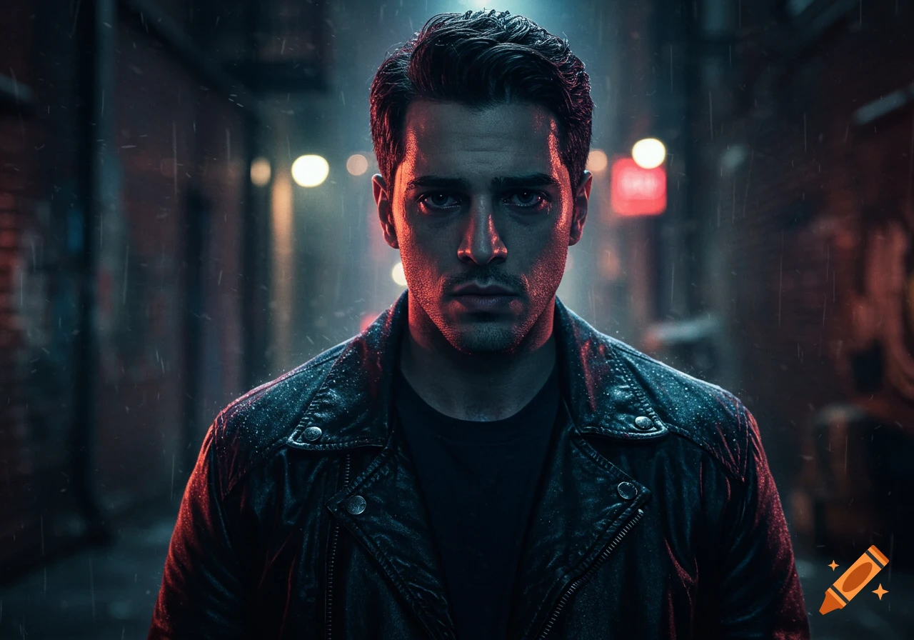 Photorealistic portrait of a man with an intense gaze, standing in the ...