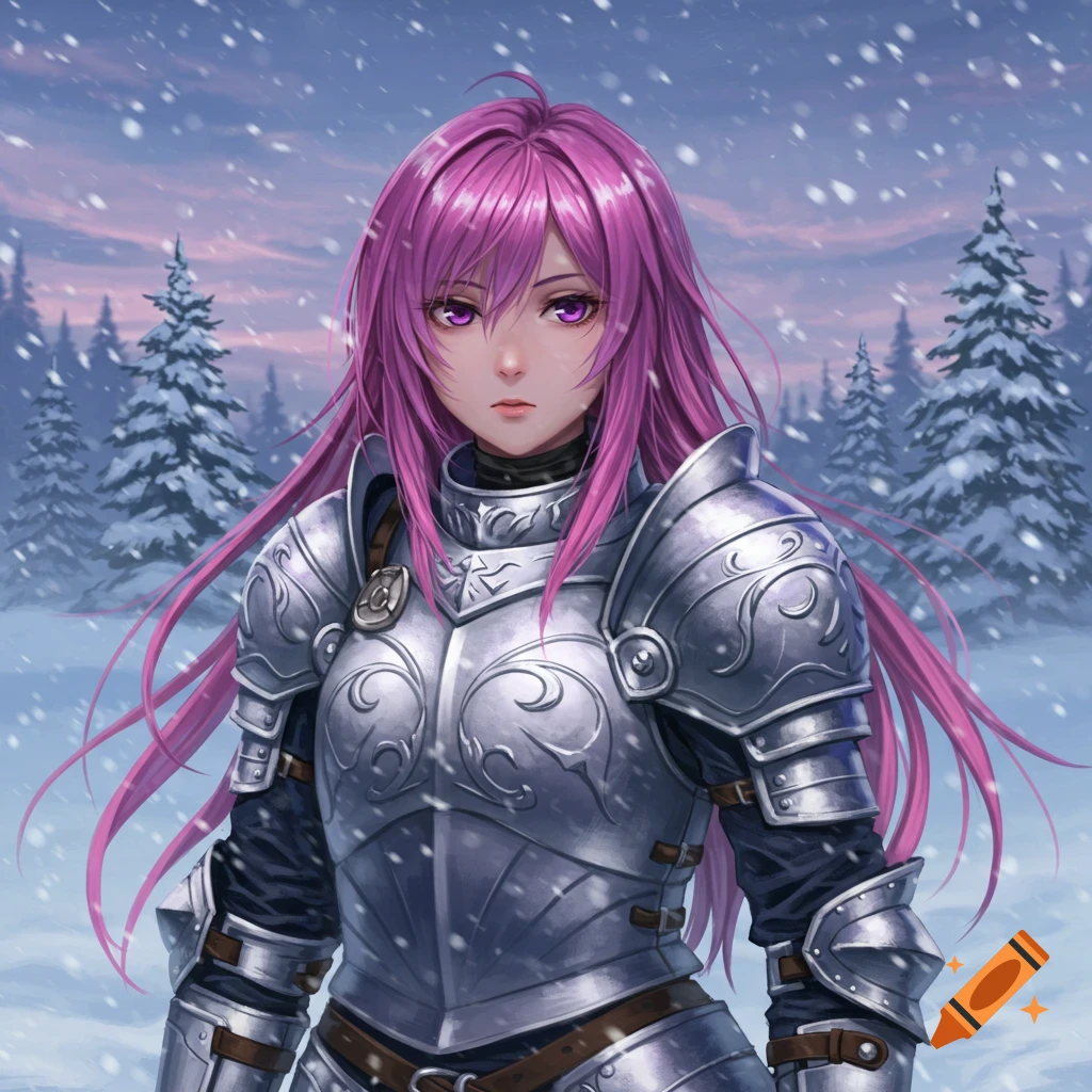 Illustration of a pink-haired anime girl in knight armor on Craiyon