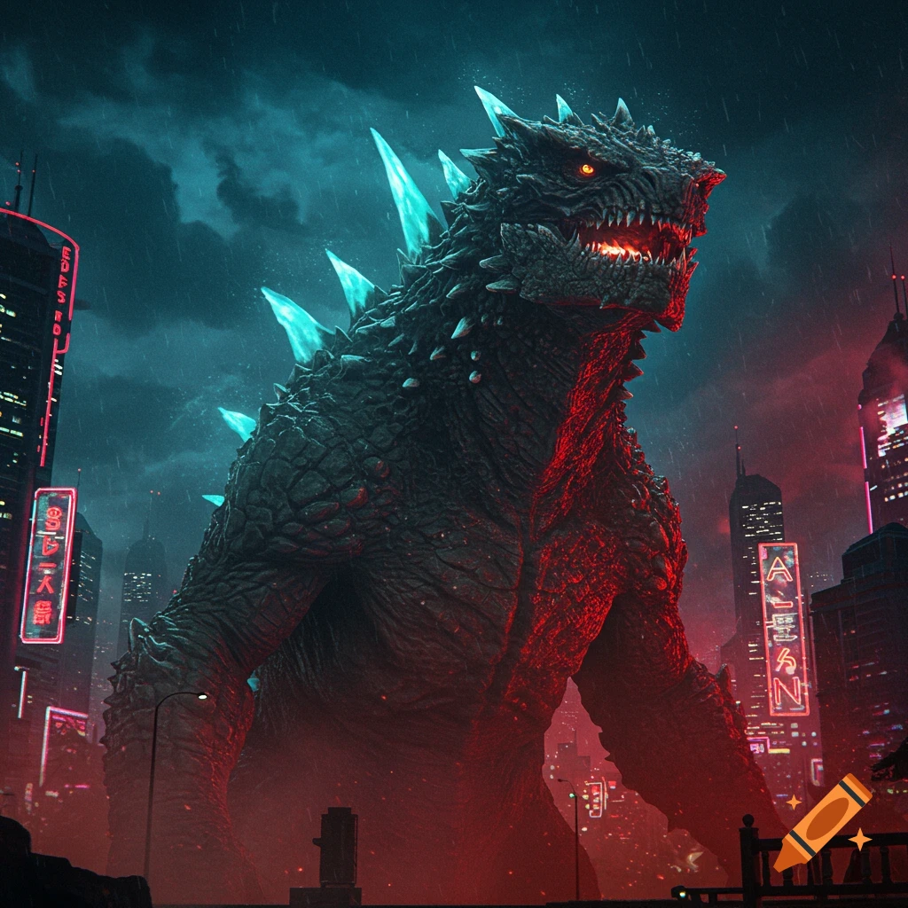 A giant Godzilla with glowing blue spines battles four futuristic, katana-wielding demon hunters ...