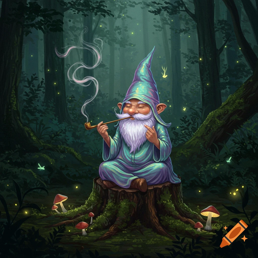 An ethereal gnome with a long white beard and a pointed hat sits on a ...