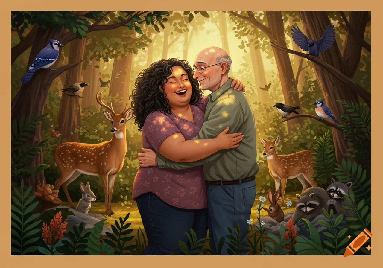 An illustrated, happy couple hugging in a sunny forest, surrounded by ...