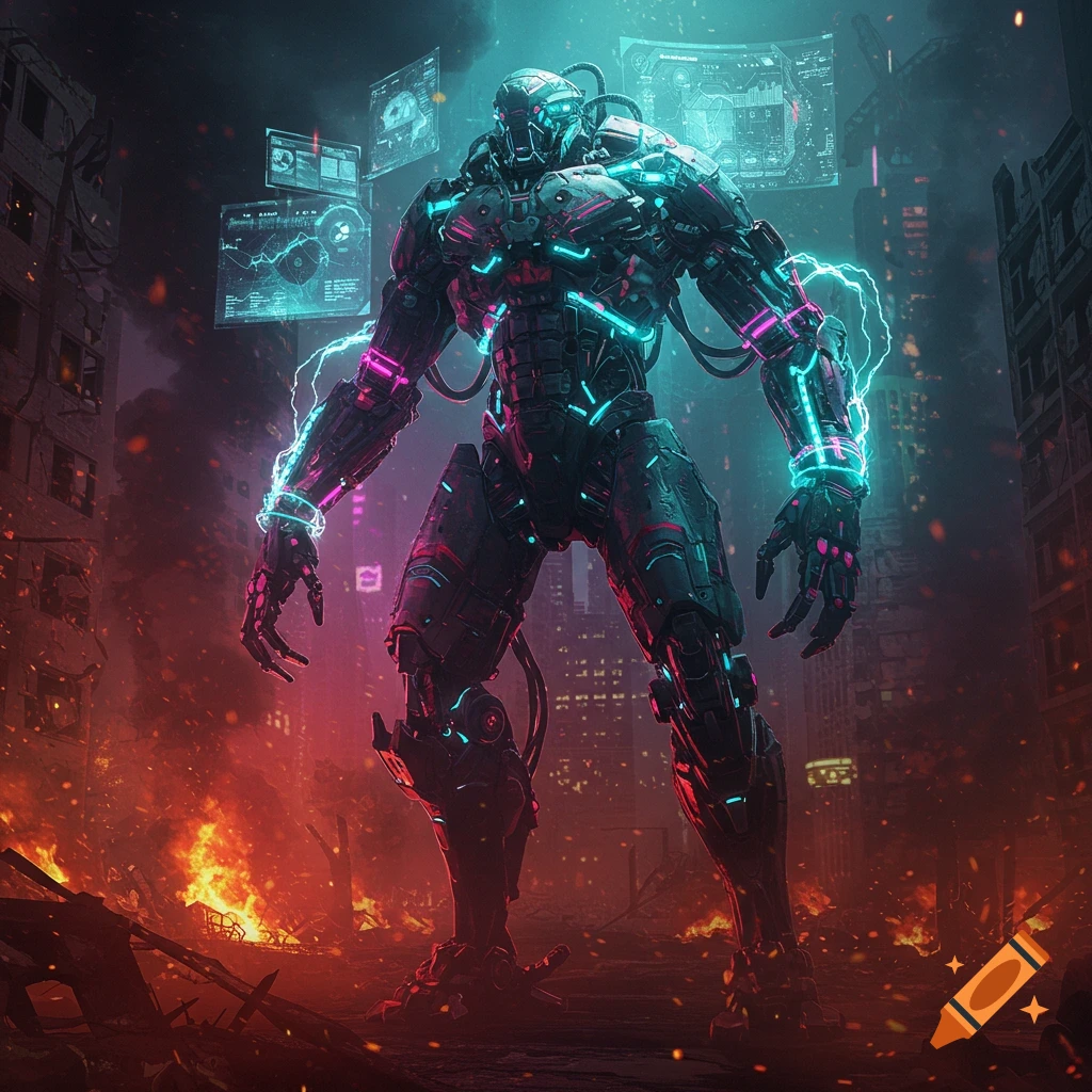 A giant mecha robot with glowing blue lines stands in a dark ...